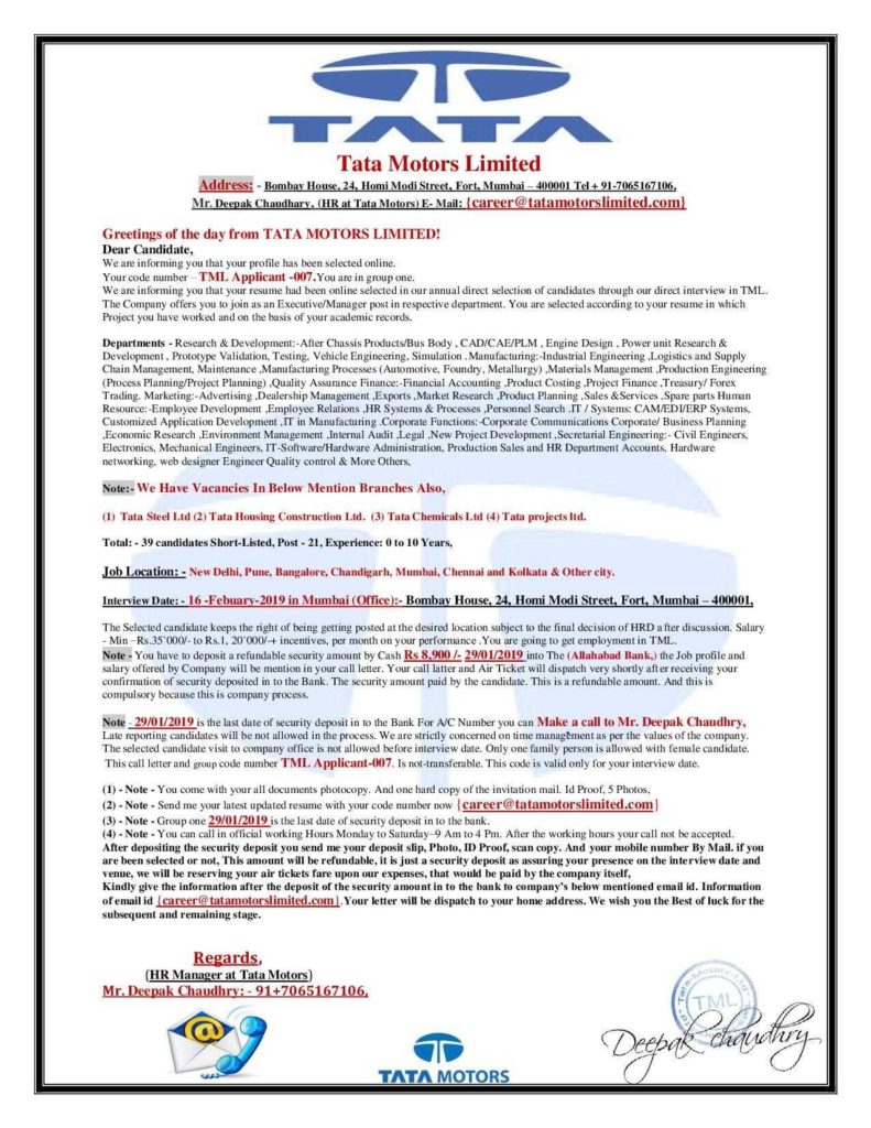 [SPAM] We Have Vacancies In Below Mention Branches (TATA MOTORS ...